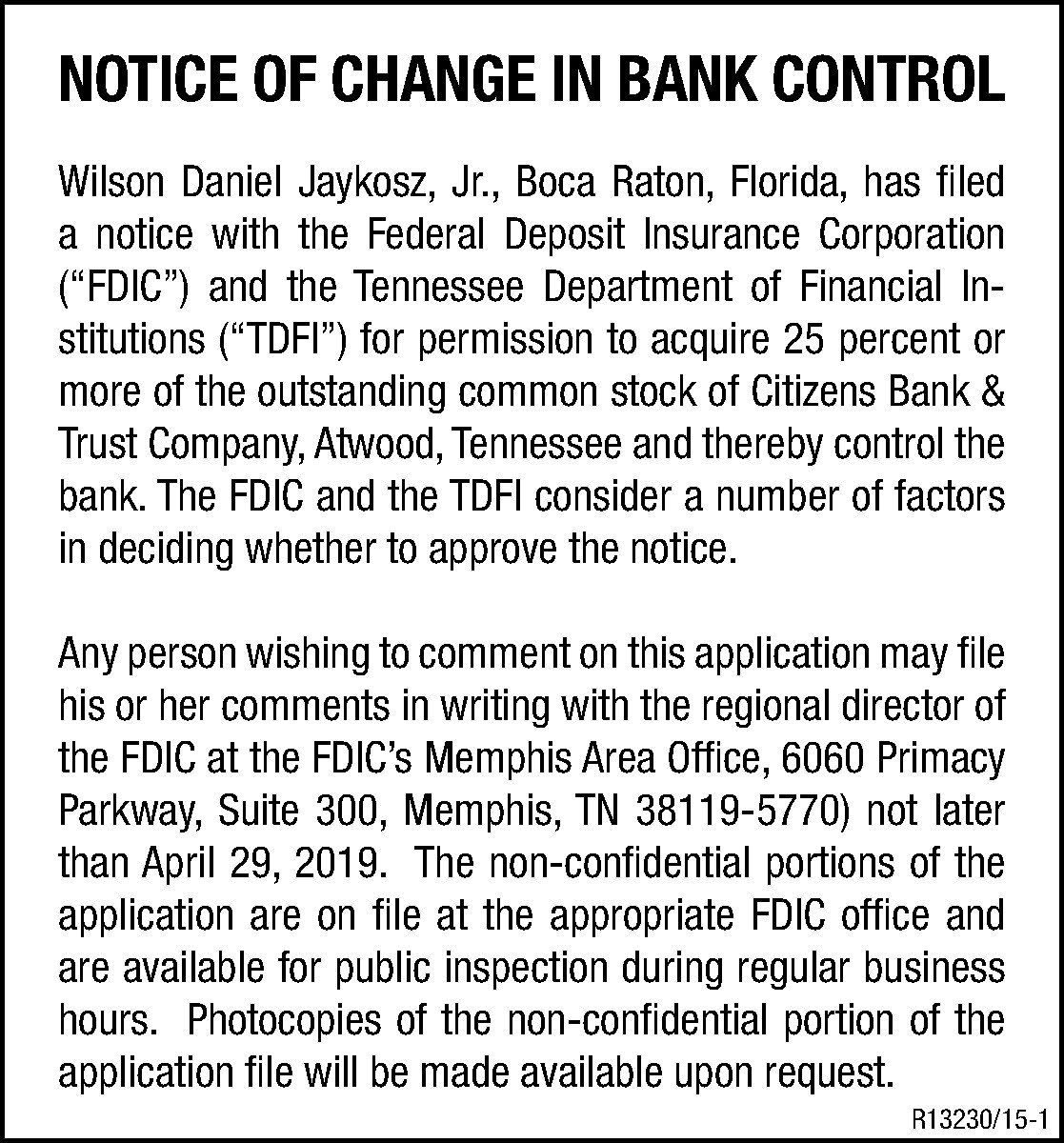 Notice of Change in Bank Control - Citizens Bank | The Mckenzie Banner